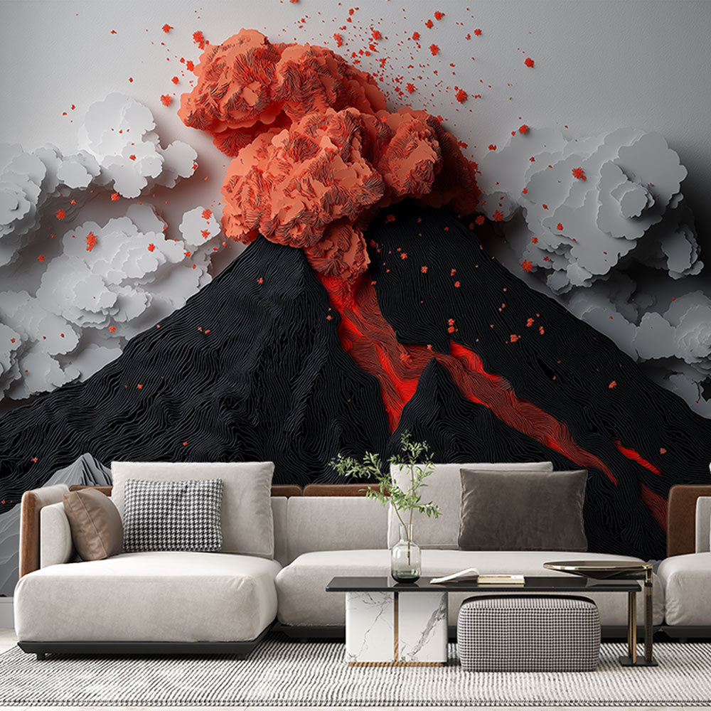 Tapete vulkan | Stilisiertes Vulkanausbruch im Relief — WonderMural
