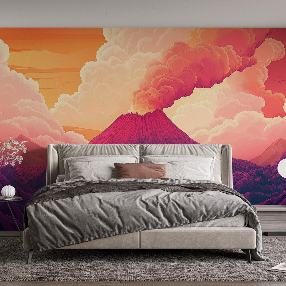 Mural Wallpaper volcano | Bright landscape of erupting volcano ...