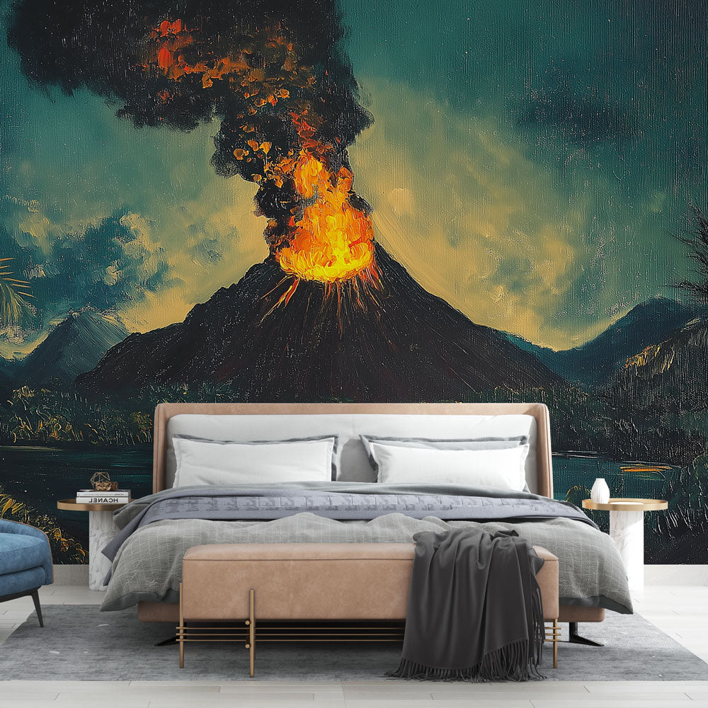 Mural Wallpaper volcanic | Night eruption and golden reflection ...