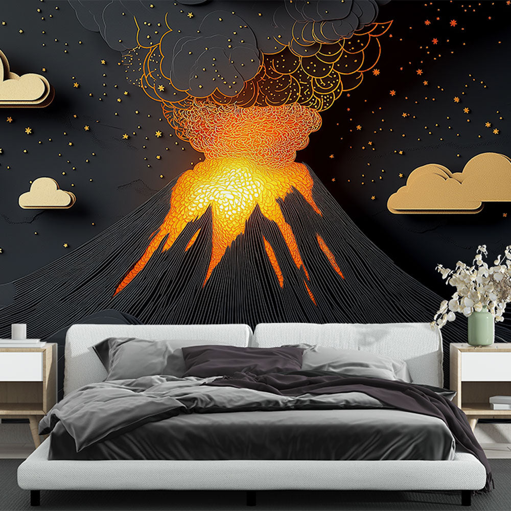 Mural Wallpaper volcanic | Stylized eruption with golden details ...