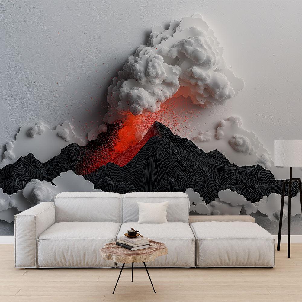 Mural Wallpaper volcanic | Erupting volcano with stylized clouds ...