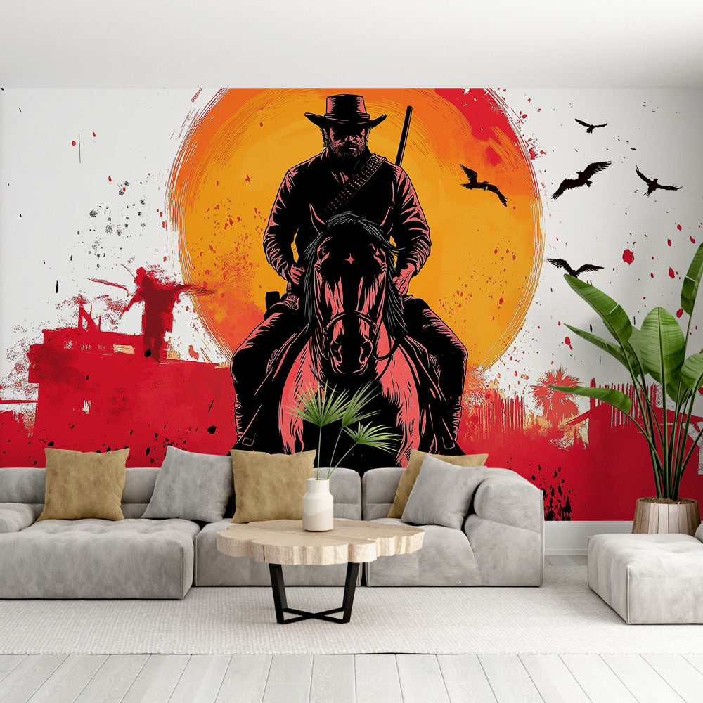 Mural Wallpaper western | Dramatic scene of cowboy in silhouette ...