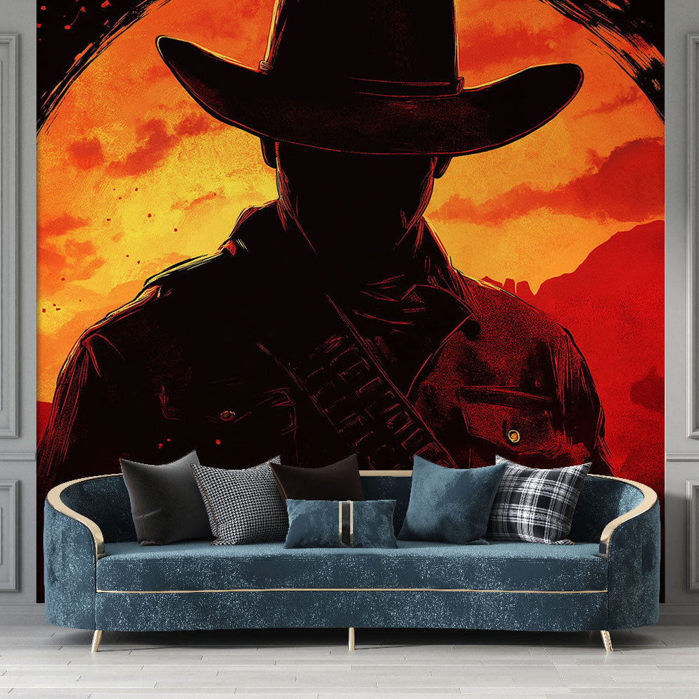 Mural Wallpaper western | Silhouette of a cowboy at sunset — WonderMural