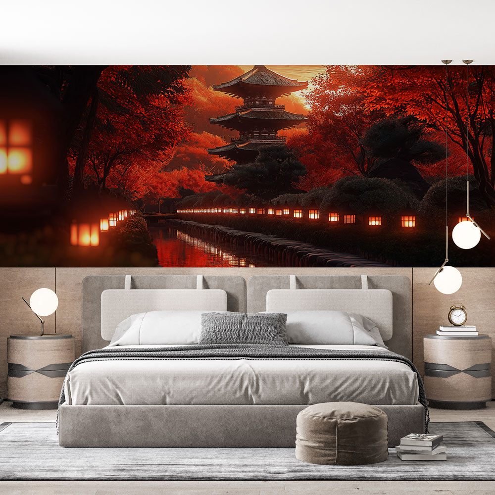Mural Wallpaper zen | Autumn landscape with illuminated lanterns ...