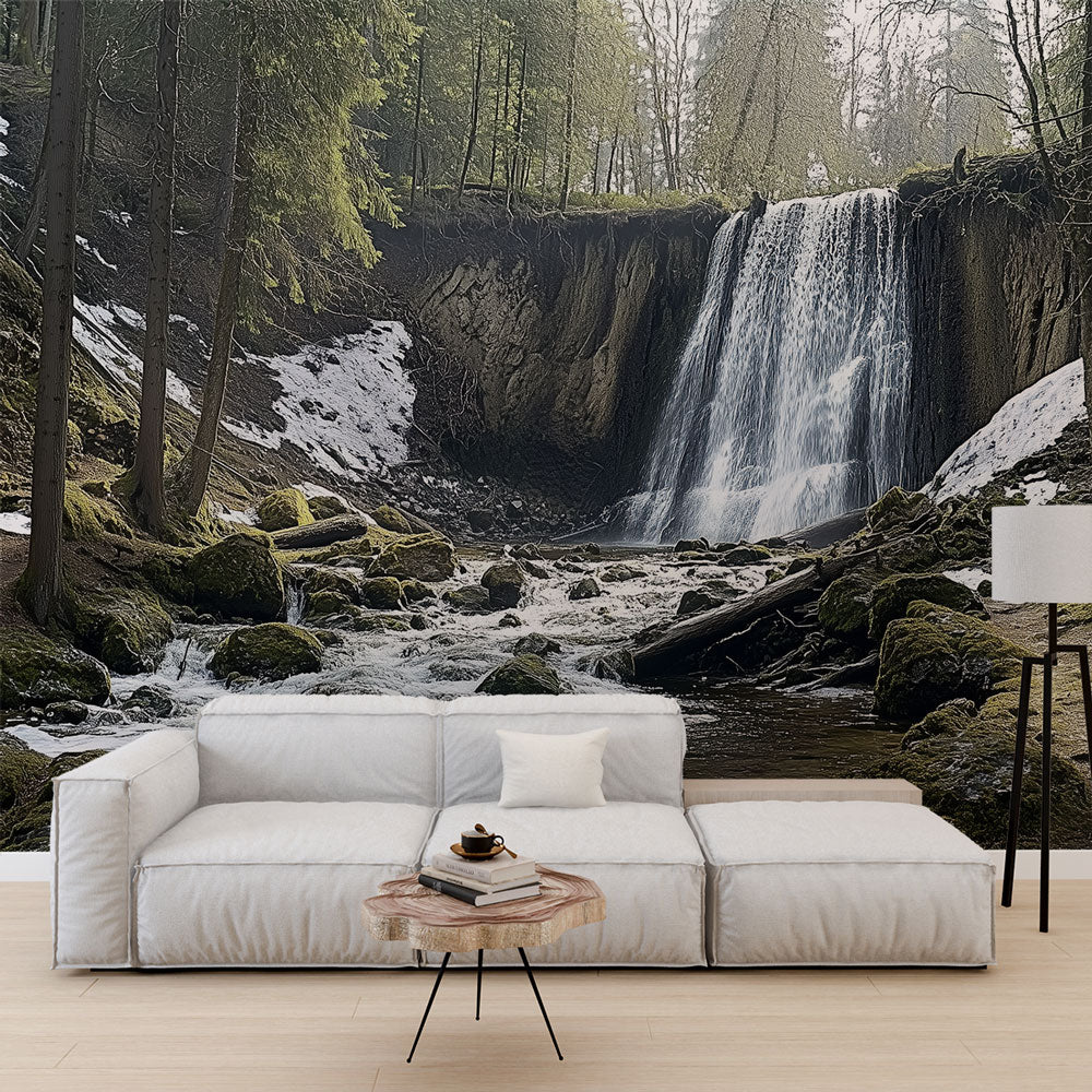 Mural Wallpaper waterfall | Snowy forest landscape — WonderMural