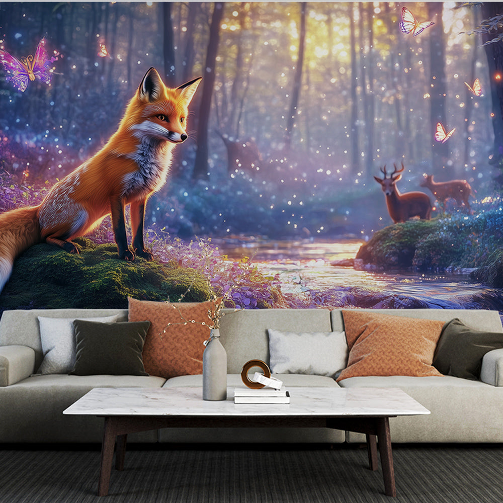 Mural Wallpaper enchanted nature | Fox and luminous butterflies ...