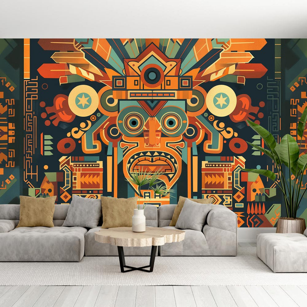 Aztec ethnic Mural Wallpaper | Aztec god in drawing — WonderMural