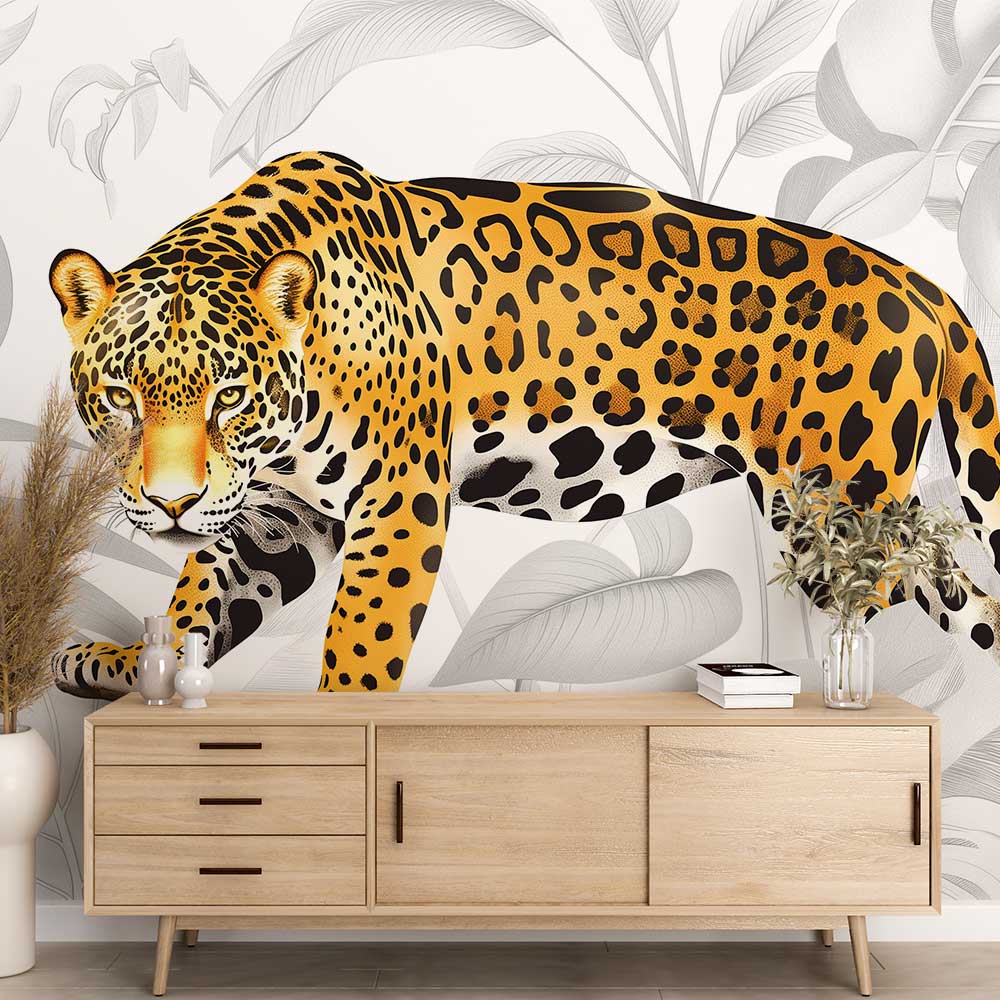 Jaguar Mural Wallpaper | Monochrome Monstera — WonderMural