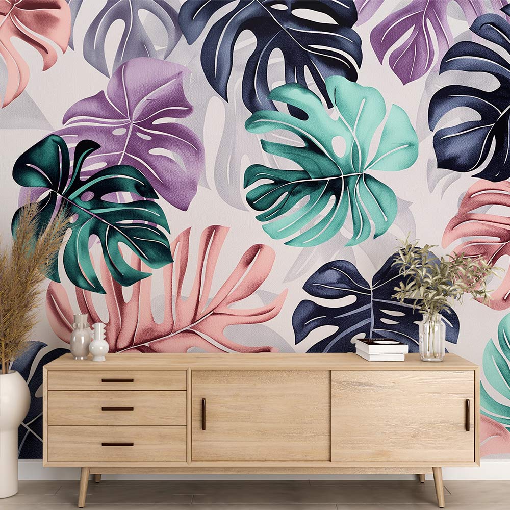 Mural Wallpaper monstera | Large monstera leaves with reflections ...