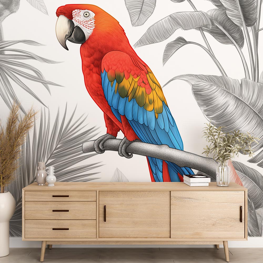 Parrot Mural Wallpaper | Black and White Background — WonderMural