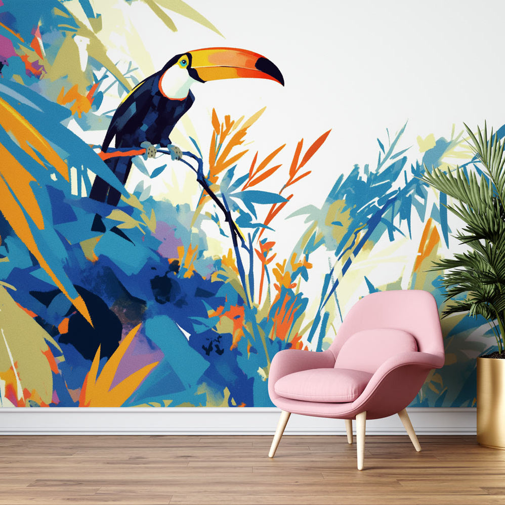 Tropical Mural Wallpaper | Green Leaves and Golden Flowers — WonderMural