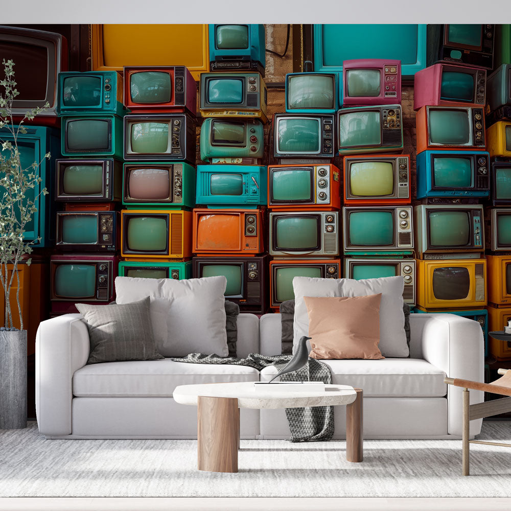 Mural Wallpaper retro televisions | Wall of vintage colorful televisio ...