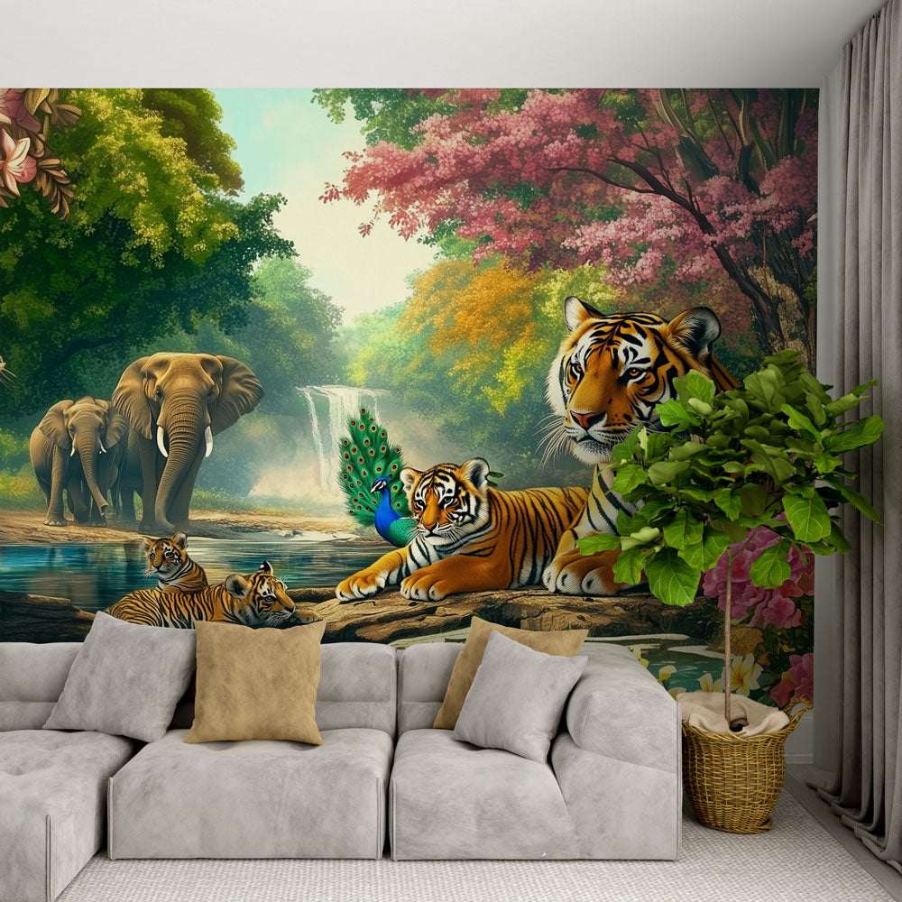 Mural Wallpaper jungle | Exotic animals and waterfall — WonderMural
