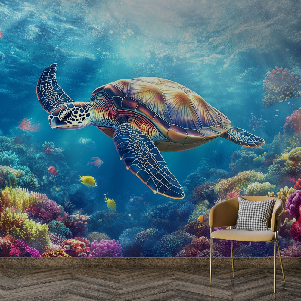 Mural Wallpaper Sea Turtle | Vibrant Underwater Scene — WonderMural