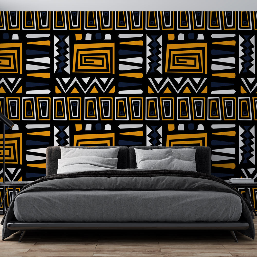 African geometric mural wallpaper | Patterns in black, yellow, and whi ...